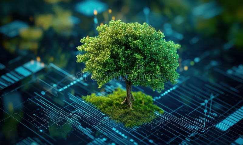 Tree Growing on Digital Circuit Board Symbolizing Technology and Nature ...