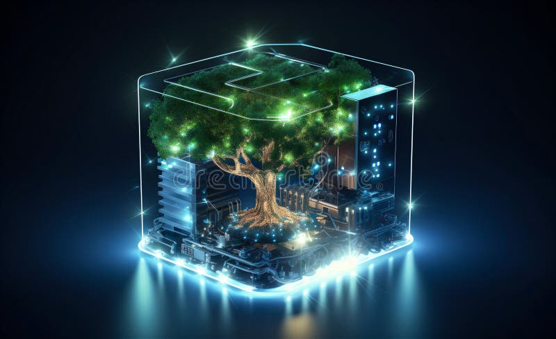 Tree Growing on Digital Cube. Digital and Technology Convergence Stock ...