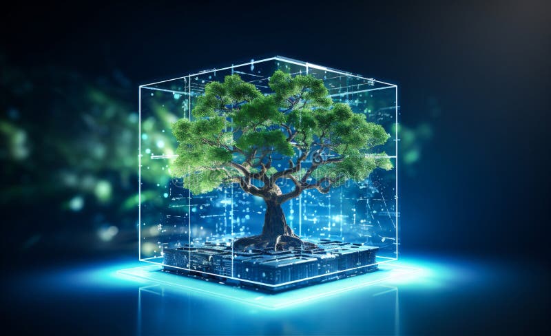 Tree Growing on Digital Cube. Digital and Technology Convergence Stock ...