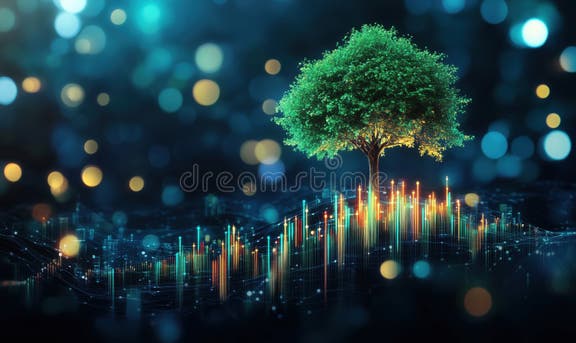 Tree Growing from Digital Data Visualization Representing Growth and ...