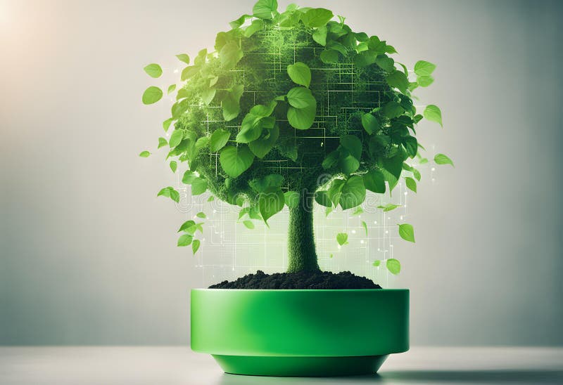 Tree Growing on Digital Plant Pot. Eco Technology Stock Illustration ...
