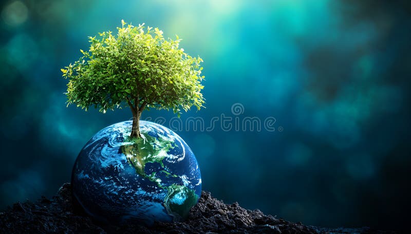 Tree Growing on Earth with Abstract Blue Background. Environmental ...