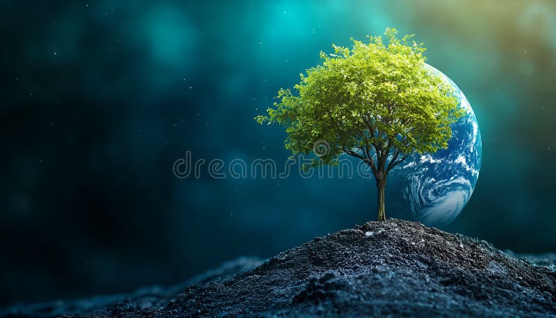 Tree Growing on Earth with Abstract Blue Background. Environmental ...