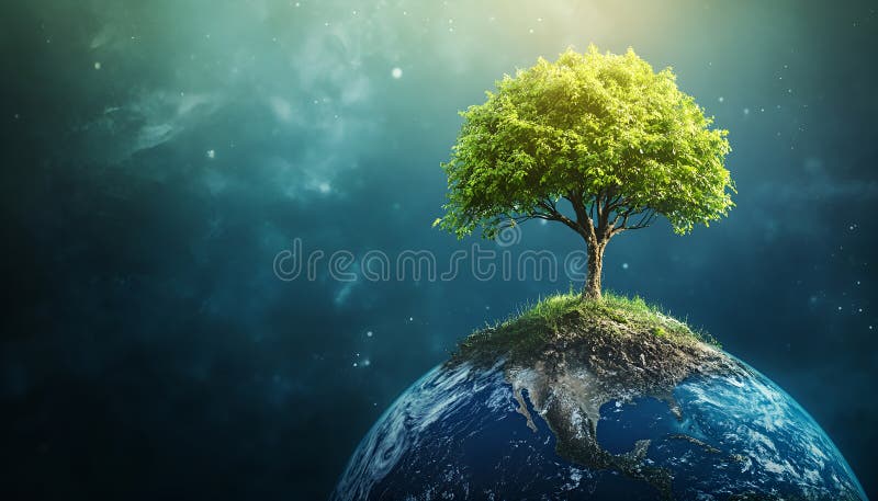 Tree Growing on Earth with Abstract Blue Background. Environmental ...