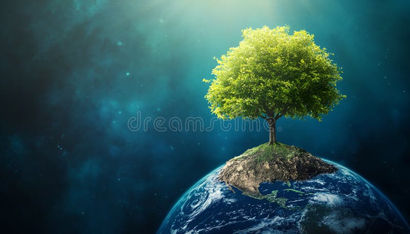 Tree Growing on Earth with Abstract Blue Background. Environmental ...