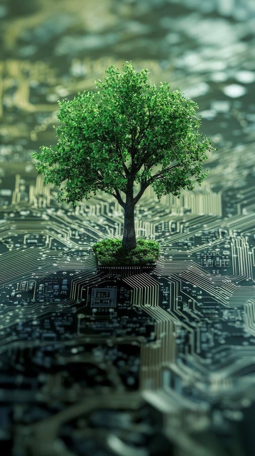 Tree Growing on Electronic Circuit Board, Symbolizing Nature and ...