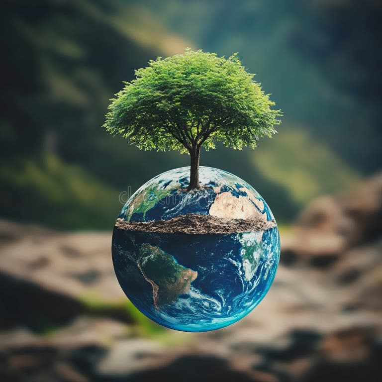 Tree Growing on Floating Earth Globe Surrounded by Nature Background ...