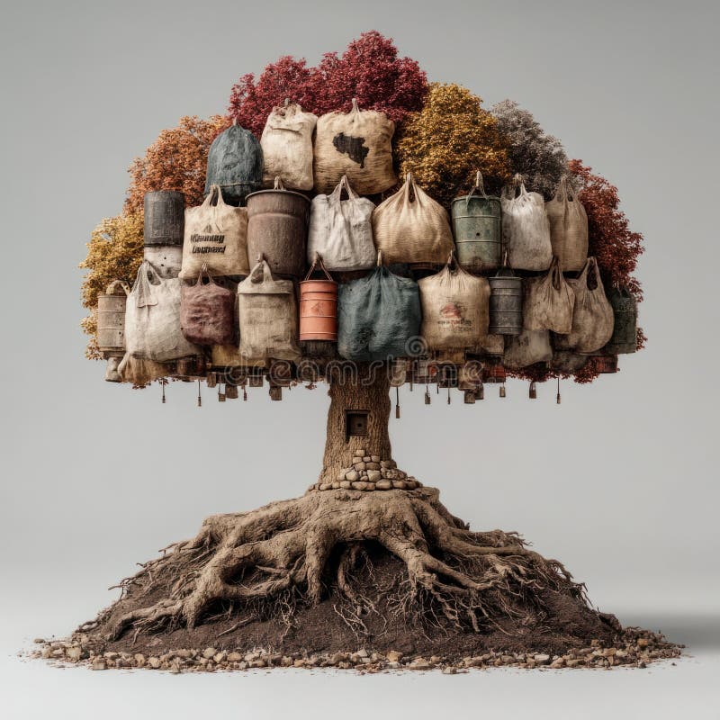 Tree Growing Garbage Bags and Barrels Symbolizing Pollution Stock Image ...