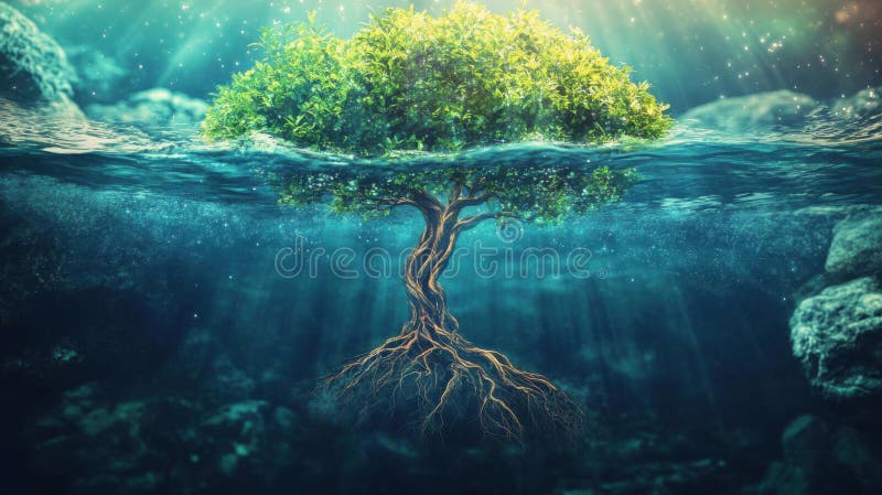 Tree Growing Half Underwater with Sun Rays, a Symbol of Resilience and ...