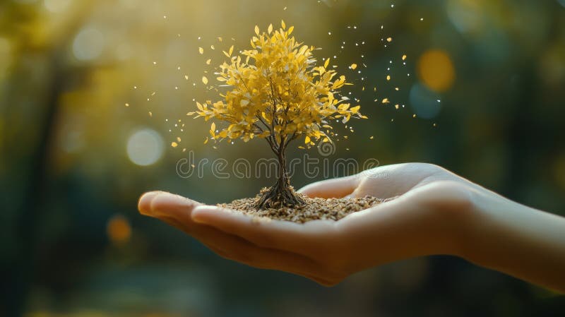 Tree Growing in Hand, Symbolizing Growth and Nurturing, Golden Leaves ...