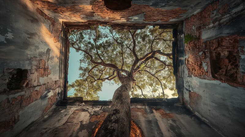 A Tree is Growing through a Hole in a Wall. Environmental Concept Stock ...