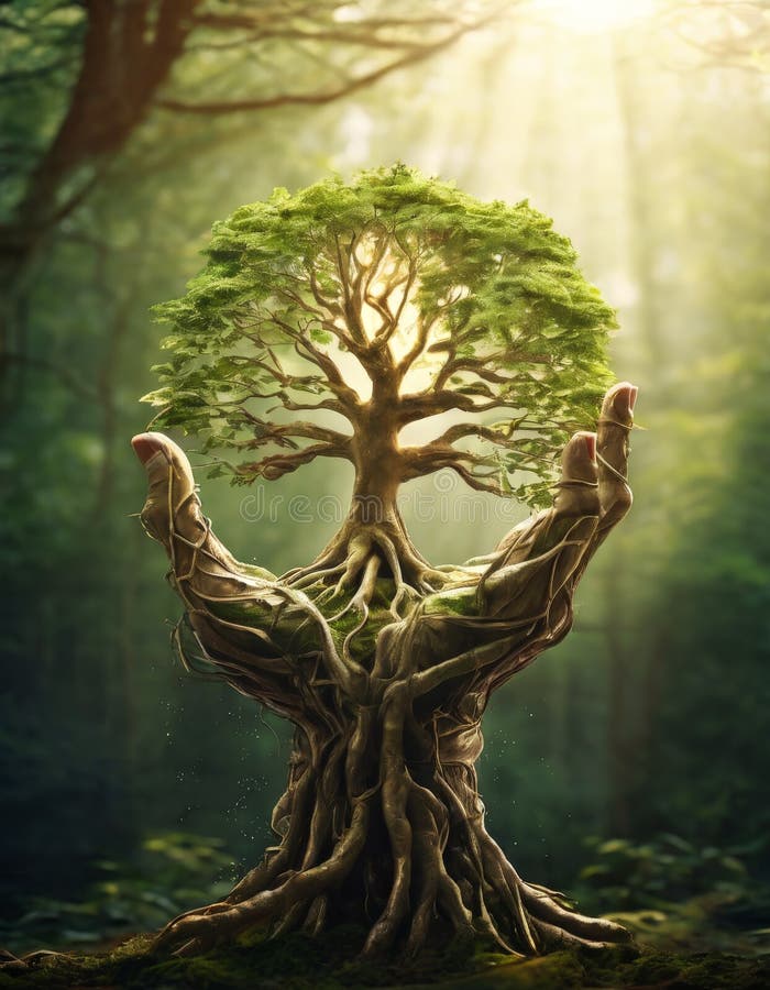 Tree Growing from Human Hands in a Forest Stock Image - Image of ...