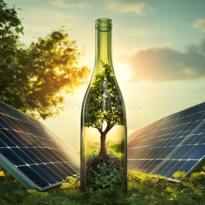 Tree Growing Inside Glass Bottle Surrounded by Solar Panels Under Sunny ...