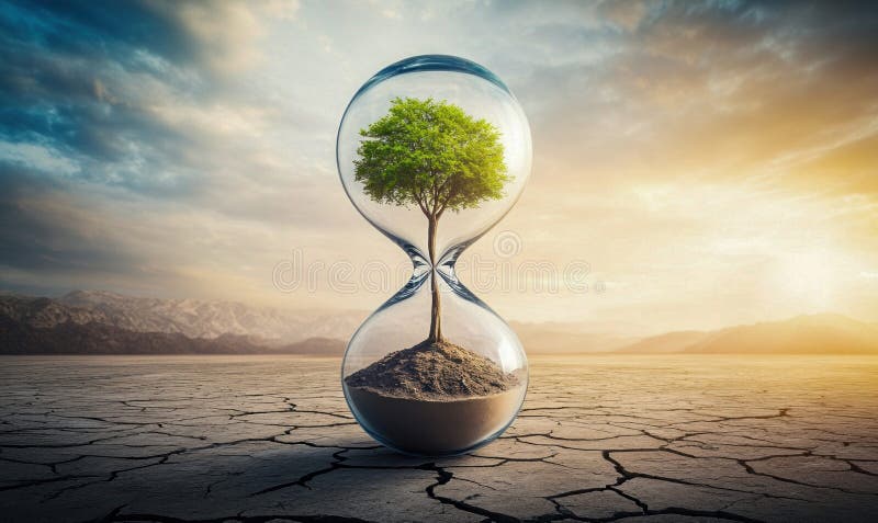 Tree Growing Inside Hourglass on Dry Land Stock Illustration ...