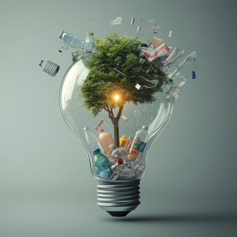Tree Growing Inside Light Bulb Surrounded by Waste Symbolizing ...