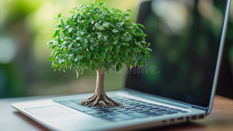 Tree Growing on Laptop Keyboard Symbolizing Technology and ...
