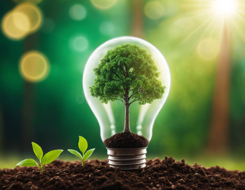 Tree Growing in Light Bulb Planted in Soil and Forest Reflections ...