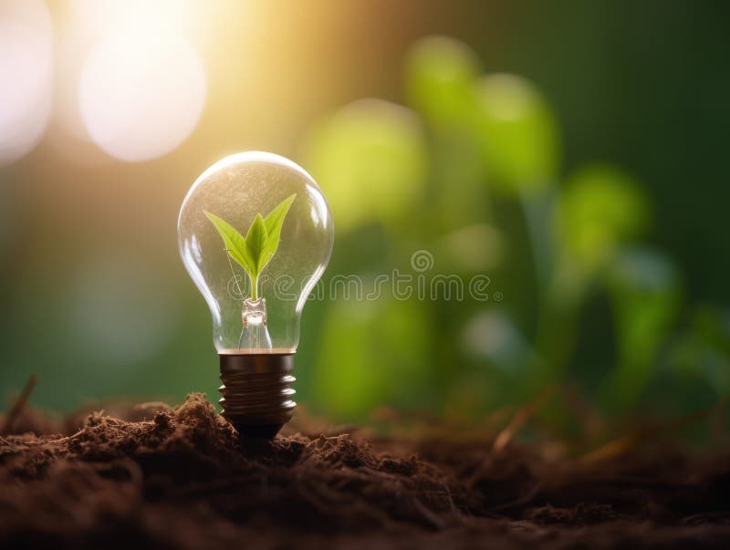 Tree Growing on Light Bulb with Sunshine in Nature. Saving Energy and ...