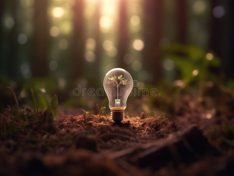 Tree Growing on Light Bulb with Sunshine in Nature. Saving Energy and ...