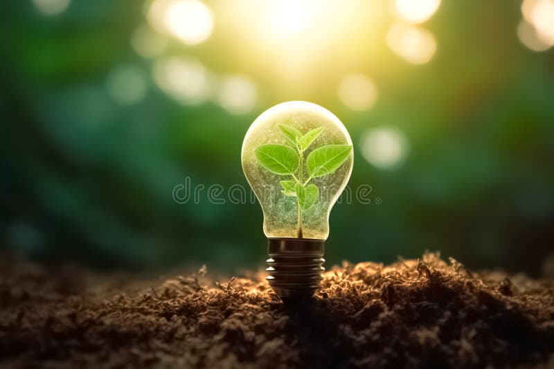 Tree Growing on Light Bulb with Sunshine in Nature. Sustainable ...