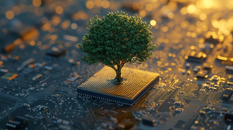 Tree Growing from a Microchip on a Circuit Board, Green Technology ...