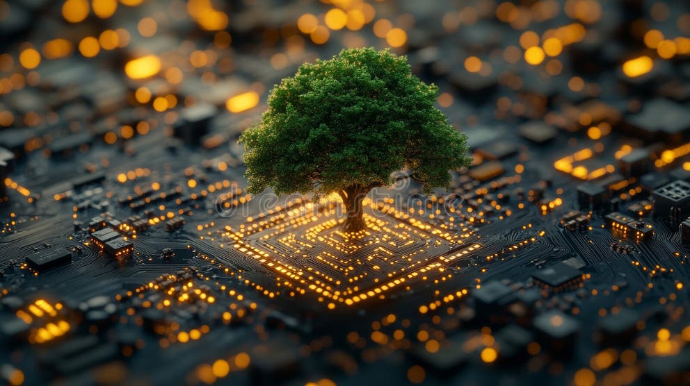 Tree Growing on Microchip with Glowing Circuitry, Technology and Nature ...
