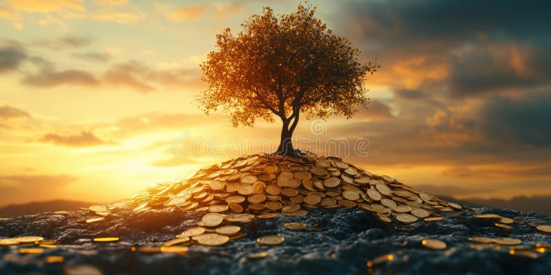 Tree Growing on Mound of Coins Symbolizing Wealth and Prosperity at ...