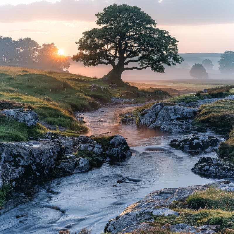 A Tree is Growing Next To a River. Stock Photo - Image of meadow, field ...