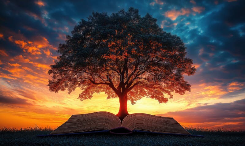 Tree Growing from Open Book Against Dramatic Sunset Sky Stock Image ...