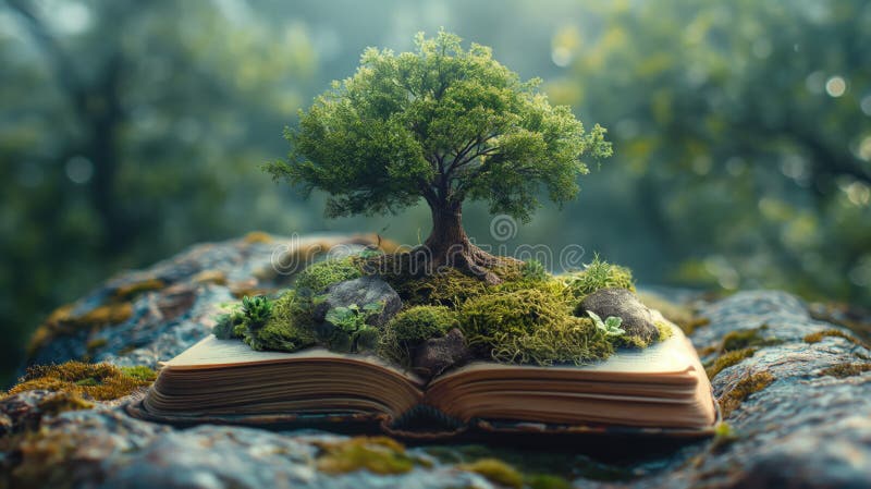 Tree Growing from an Open Book in the Forest. Conceptual Image Stock ...