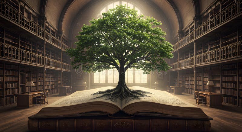 Tree Growing from an Open Book in a Library Stock Image - Image of ...