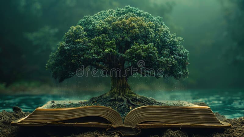 Tree Growing from an Open Book in a Magical Forest, Concept of ...