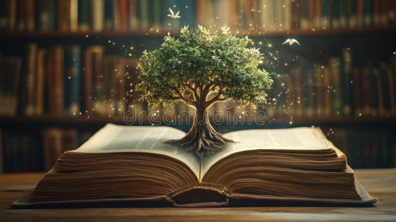 Tree Growing from an Open Book in a Magical Library Stock Image - Image ...