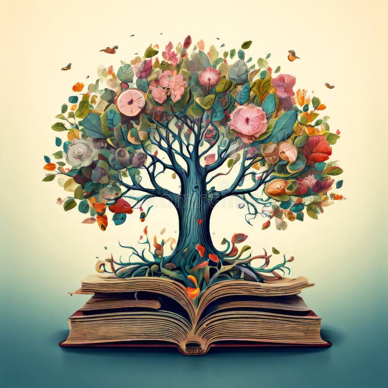 Tree Growing from an Open Book with Vibrant Flowers Stock Image - Image ...