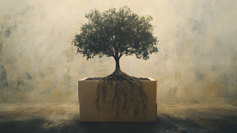 A Tree Growing Out of a Cardboard Box in a Minimalist Setting Stock ...