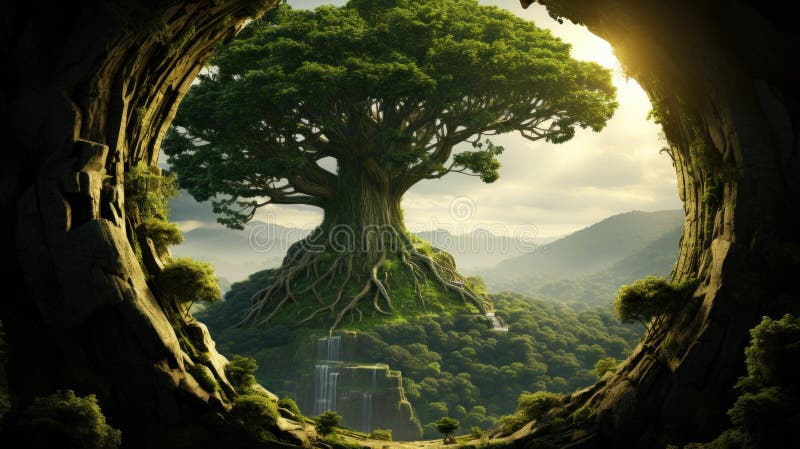 A Tree is Growing Out of a Cave. Generative AI Image. Stock ...