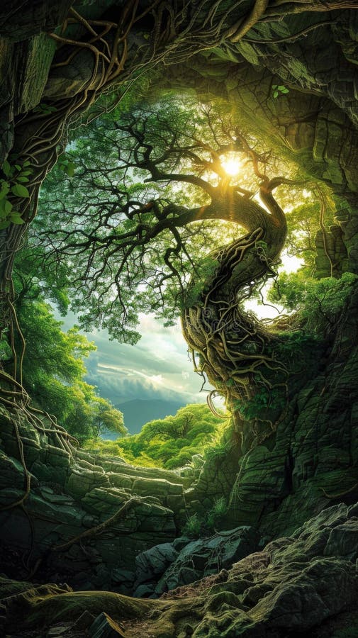 A Tree Growing Out of a Cave with Sunlight Shining through, AI Stock ...