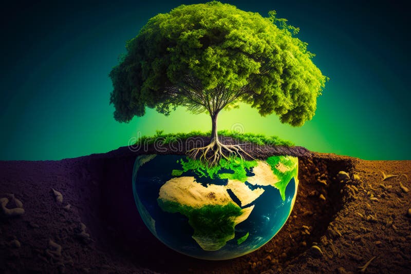 Tree is Growing Out of the Earth. Generative AI Stock Illustration ...