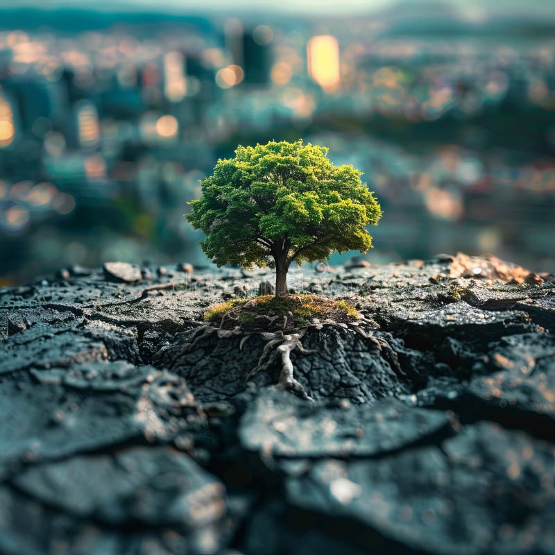 A Tree Growing Out of the Ground in Front of a City Stock Illustration ...