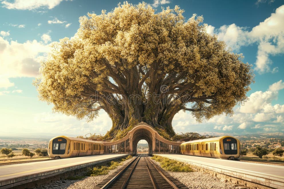 A Tree is Growing Out of a Train Station Stock Illustration ...