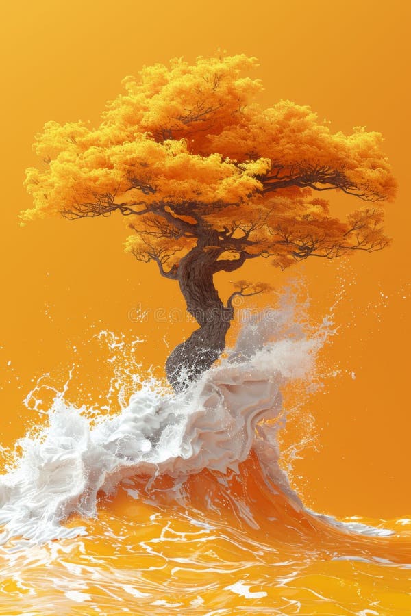 A Tree is Growing Out of a Wave in the Ocean, AI Stock Image - Image of ...