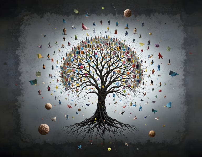 Tree Growing People and Objects Metaphorical Illustration Stock Image ...