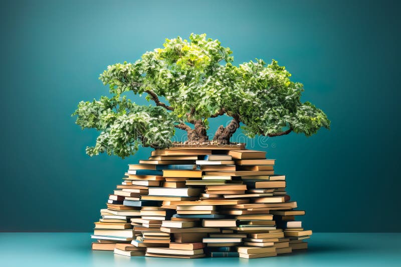 Tree Growing on a Pile of Books Stock Illustration - Illustration of ...