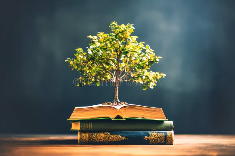 Tree Growing on a Pile of Books Stock Illustration - Illustration of ...