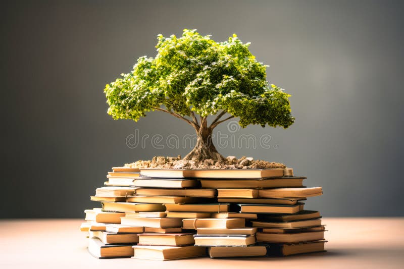 Tree Growing on a Pile of Books Stock Illustration - Illustration of ...