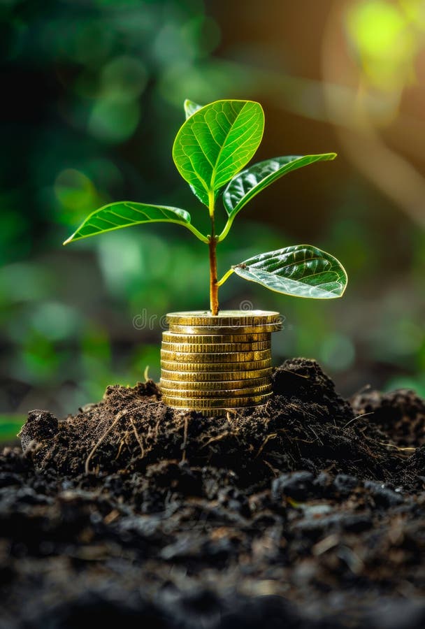 Tree Growing on Pile of Coins. a Stack of Coins Growing from the Ground ...