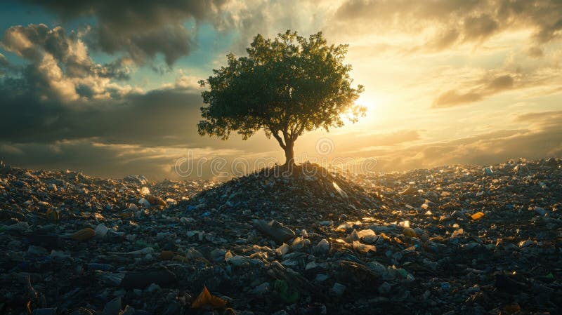 Tree Growing on a Pile of Garbage with Litter and Waste in Urban ...