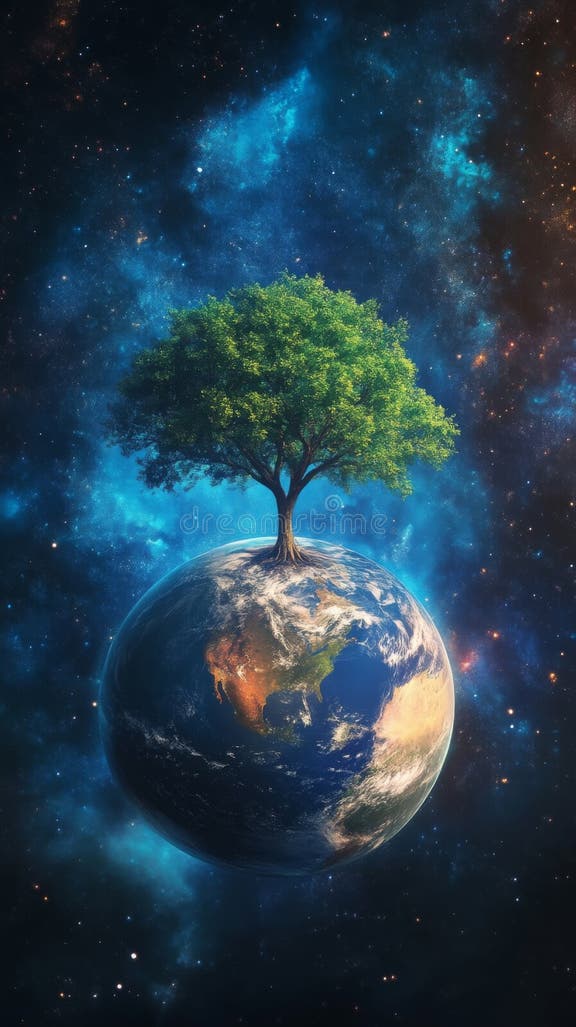 Tree Growing on Planet Earth in Space, Environmental Conservation ...