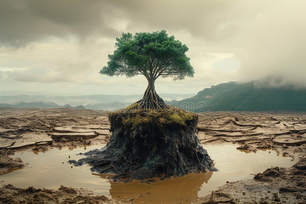 Tree Growing on a Rock in the Middle of a Puddle Stock Illustration ...