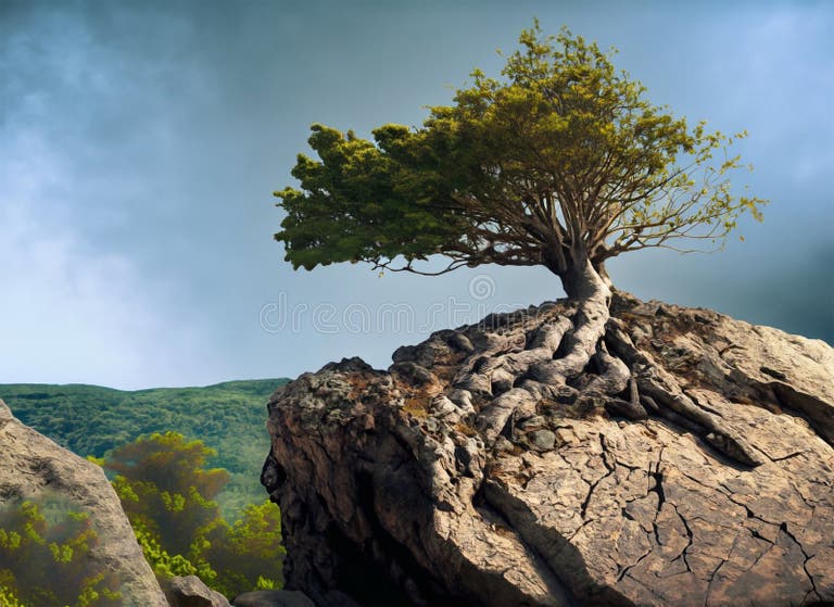Tree Growing on a Rock in the Mountains. 3d Render Stock Illustration ...